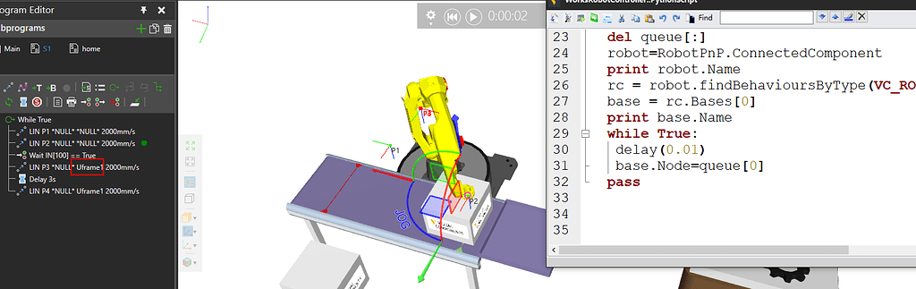 Hello, I would like to ask how to make the robot baseframe follow the material on the conveyor ...